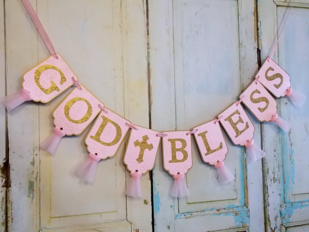 God Bless Banner With Cross, Embossed Pink and Gold Banner With Tulle ...