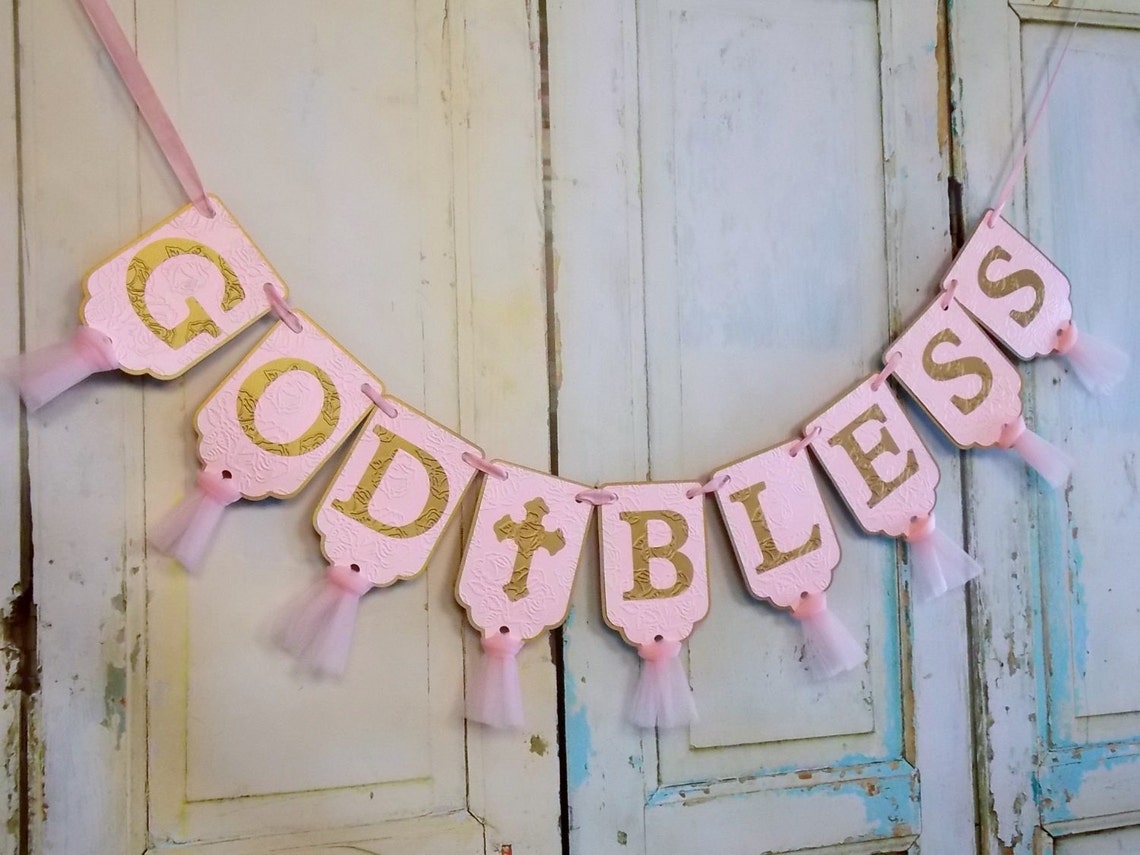God Bless Banner With Cross Embossed Pink and Gold Banner - Etsy