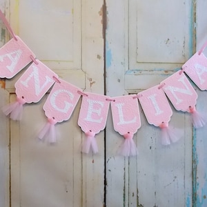 Custom Embossed Girl's Name Banner: Pink & White With Tulle - Etsy