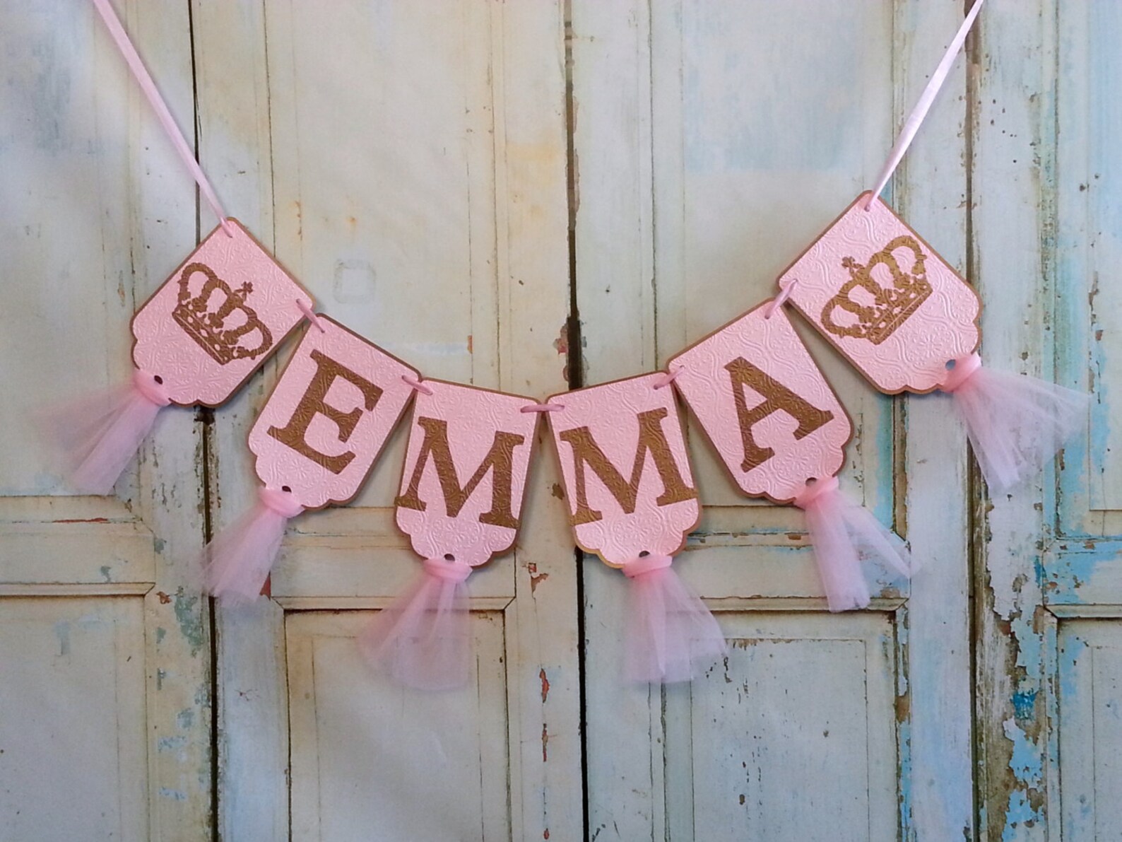 Girls Name Banner With Crowns Large Embossed Pink and Gold - Etsy