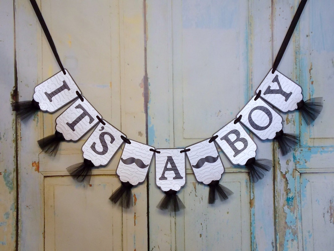It's A Boy Banner With Mustaches, Black and Cream Banner With Tulle ...