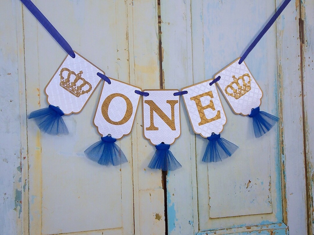 One Banner With Crowns, White, Royal Blue and Gold Banner With Tulle ...