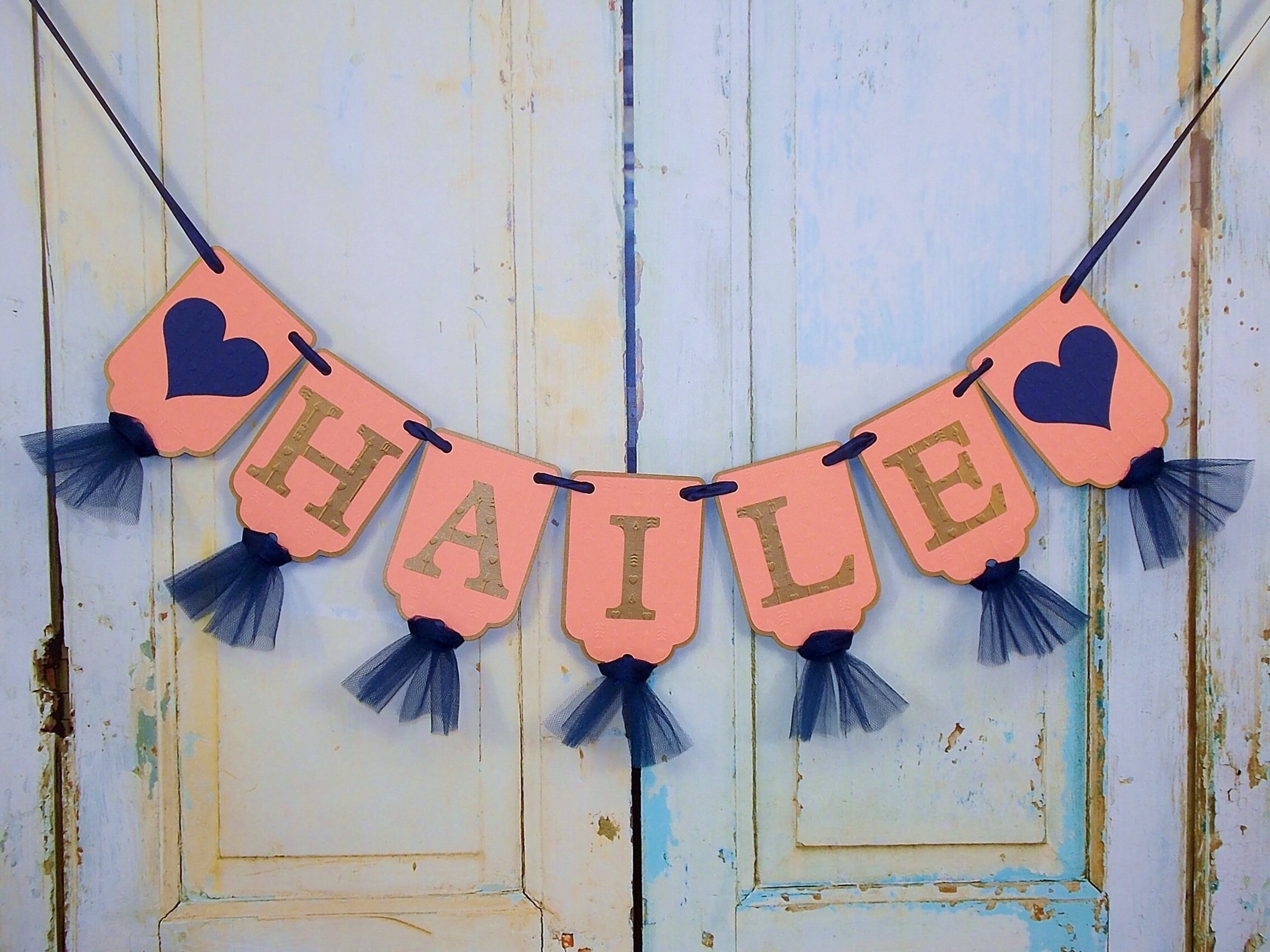 Girls Name Banner With Hearts Navy Coral and Gold Banner - Etsy