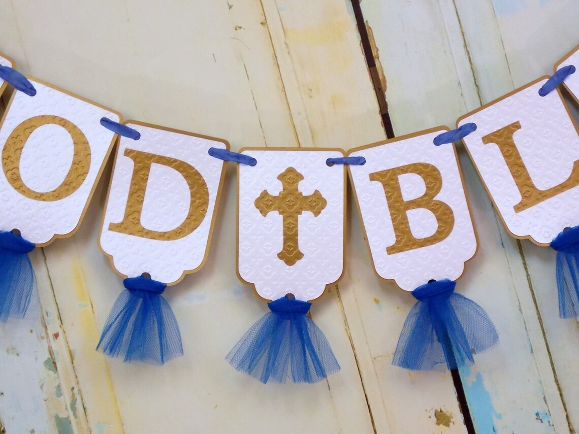 God Bless Banner White Blue and Gold Baptism Decoration - Etsy