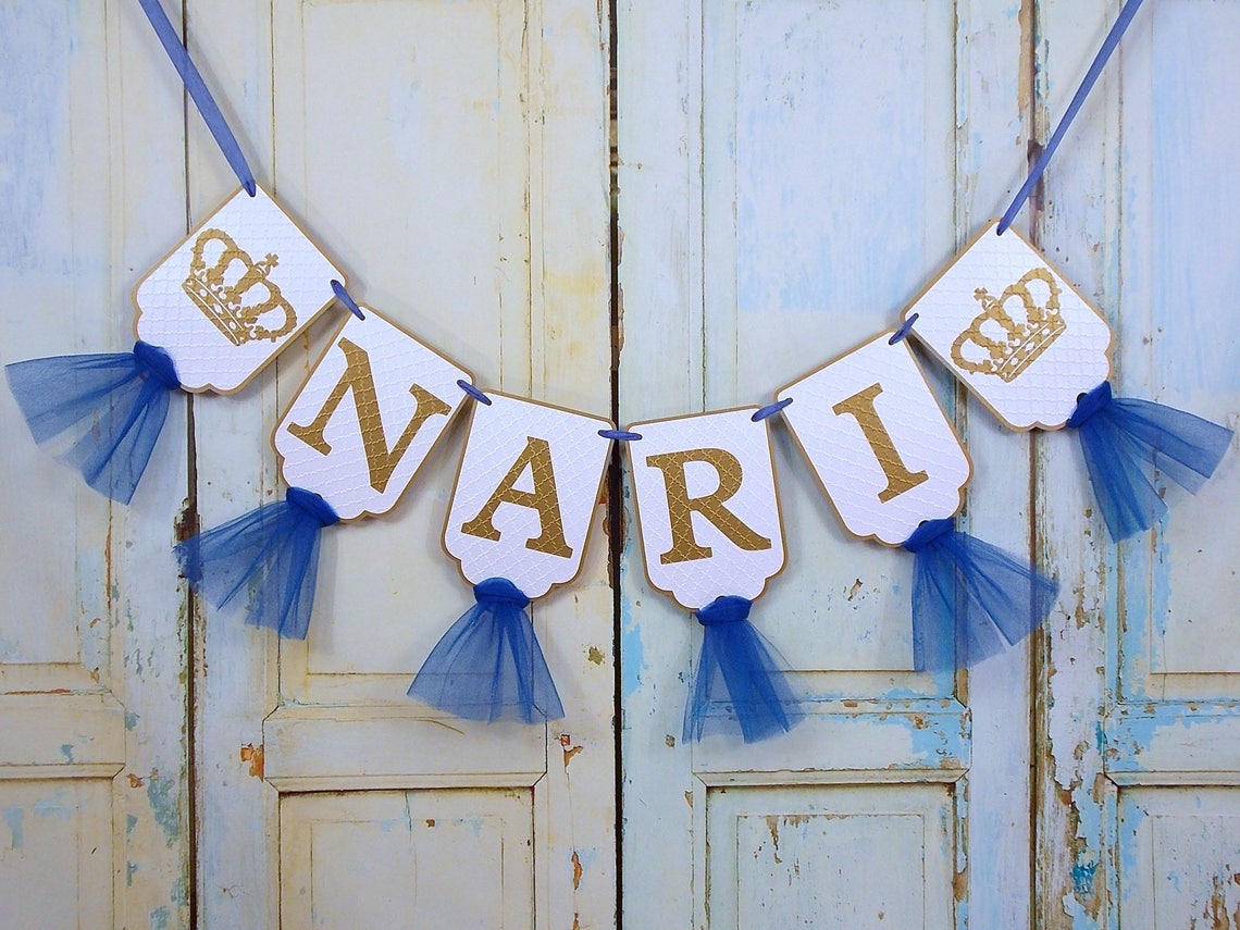 Large Boys Name Banner With Crowns White Blue and Gold - Etsy