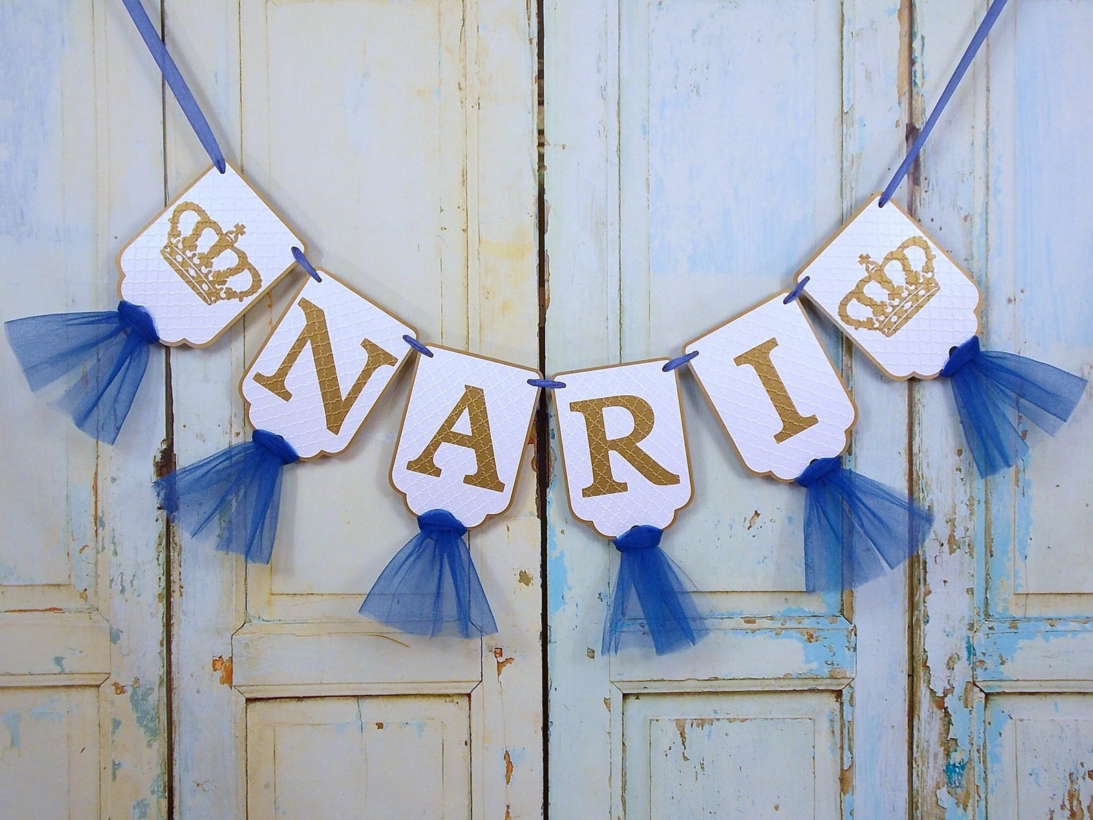 Large Boys Name Banner With Crowns White Blue and Gold - Etsy