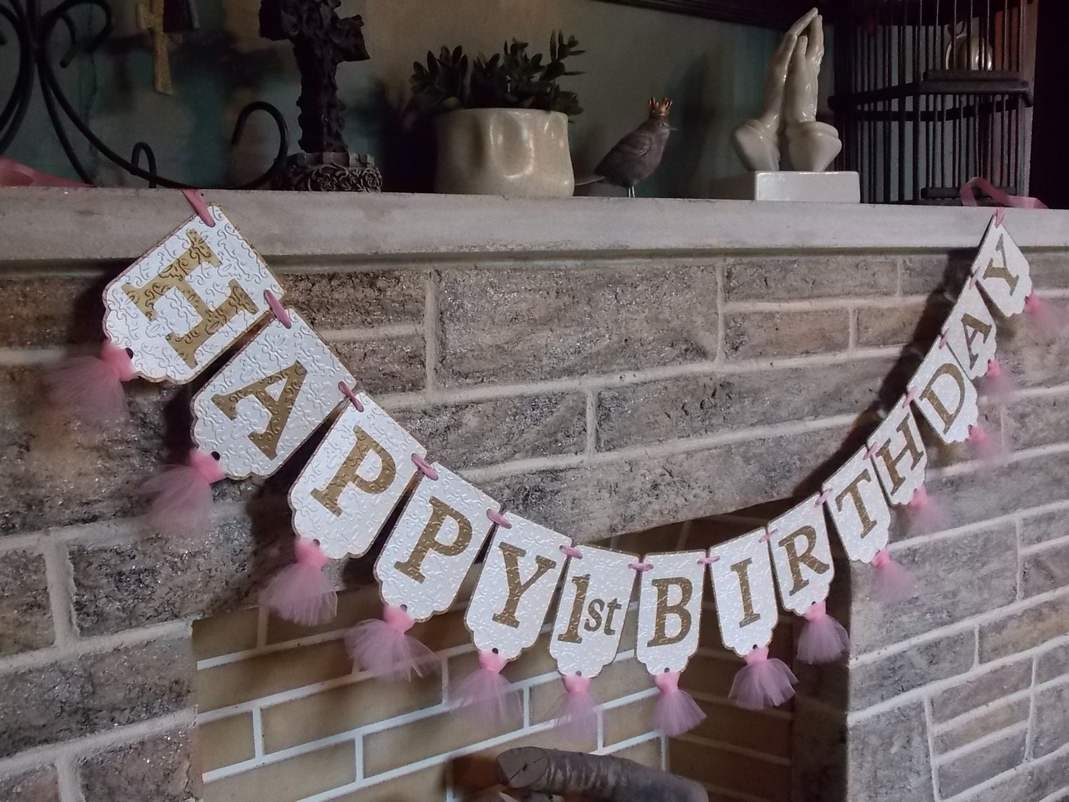Happy 1st Birthday Banner Embossed Cream Pink and Gold - Etsy