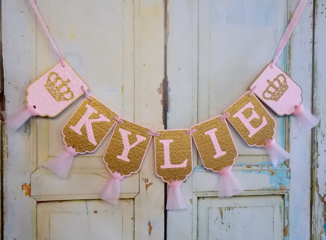 Girl's Name Banner With Crowns, Embossed Pink and Gold Banner, Princess ...