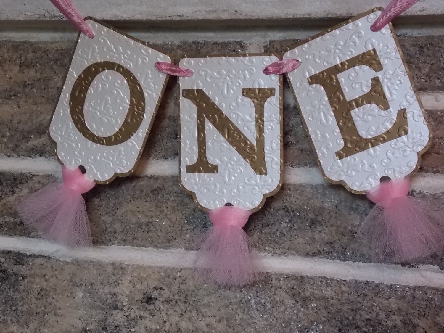 One Banner Embossed Cream Pink and Gold Banner with Tulle | Etsy