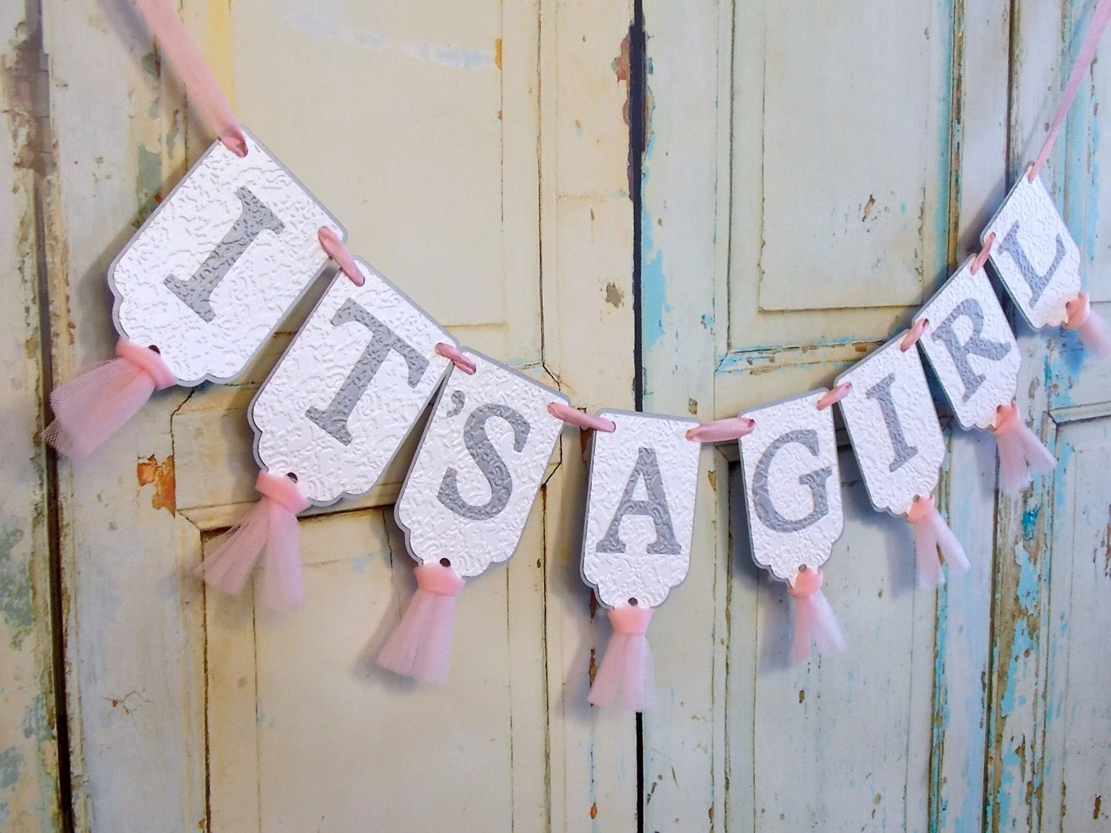 It's A Girl Banner Embossed White Pink and Gray Banner | Etsy