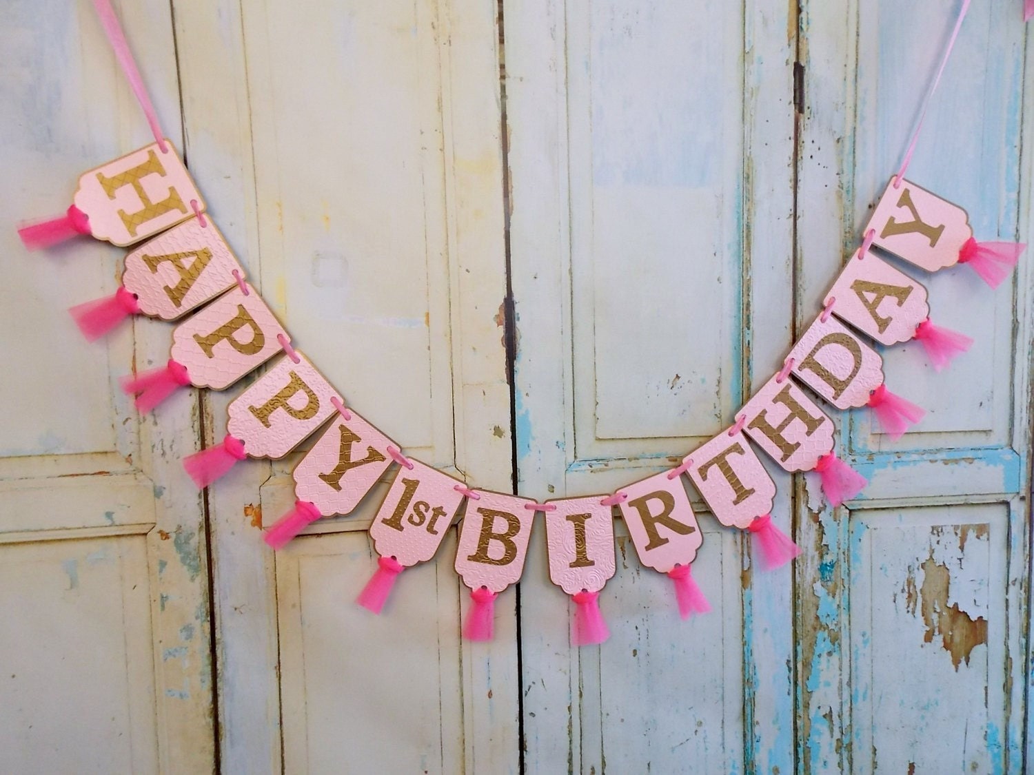 Happy 1st Birthday Banner Embossed Pink and Gold Banner With | Etsy