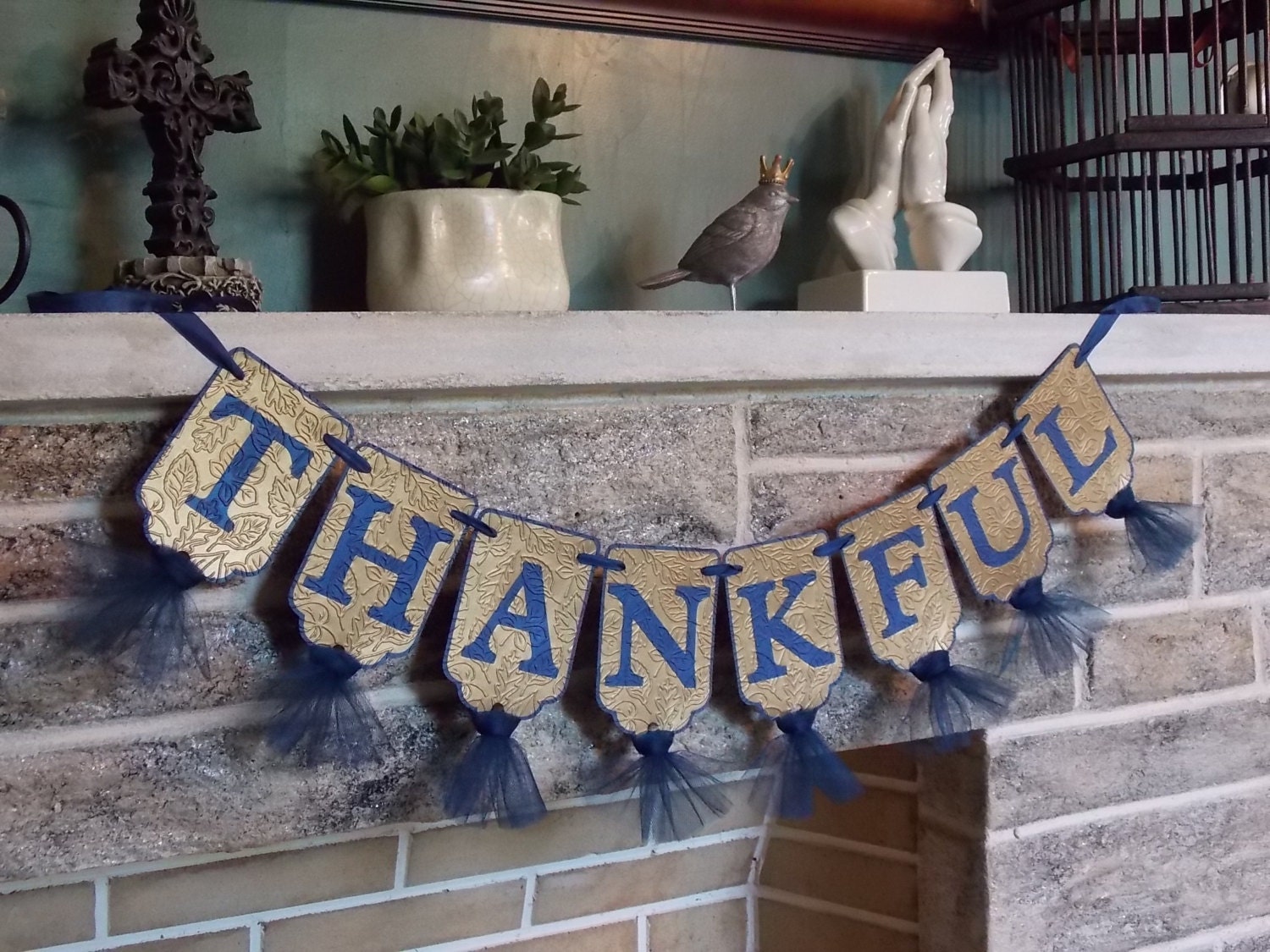 Thankful Banner in Navy Blue and Gold Embossed Banner with | Etsy