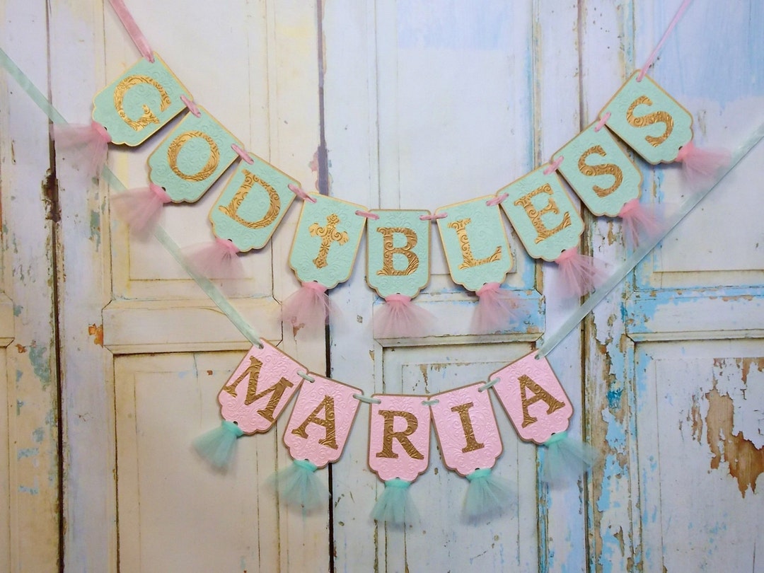 God Bless Banner, Name Banner Optional, Embossed Mint Pink and Gold ...