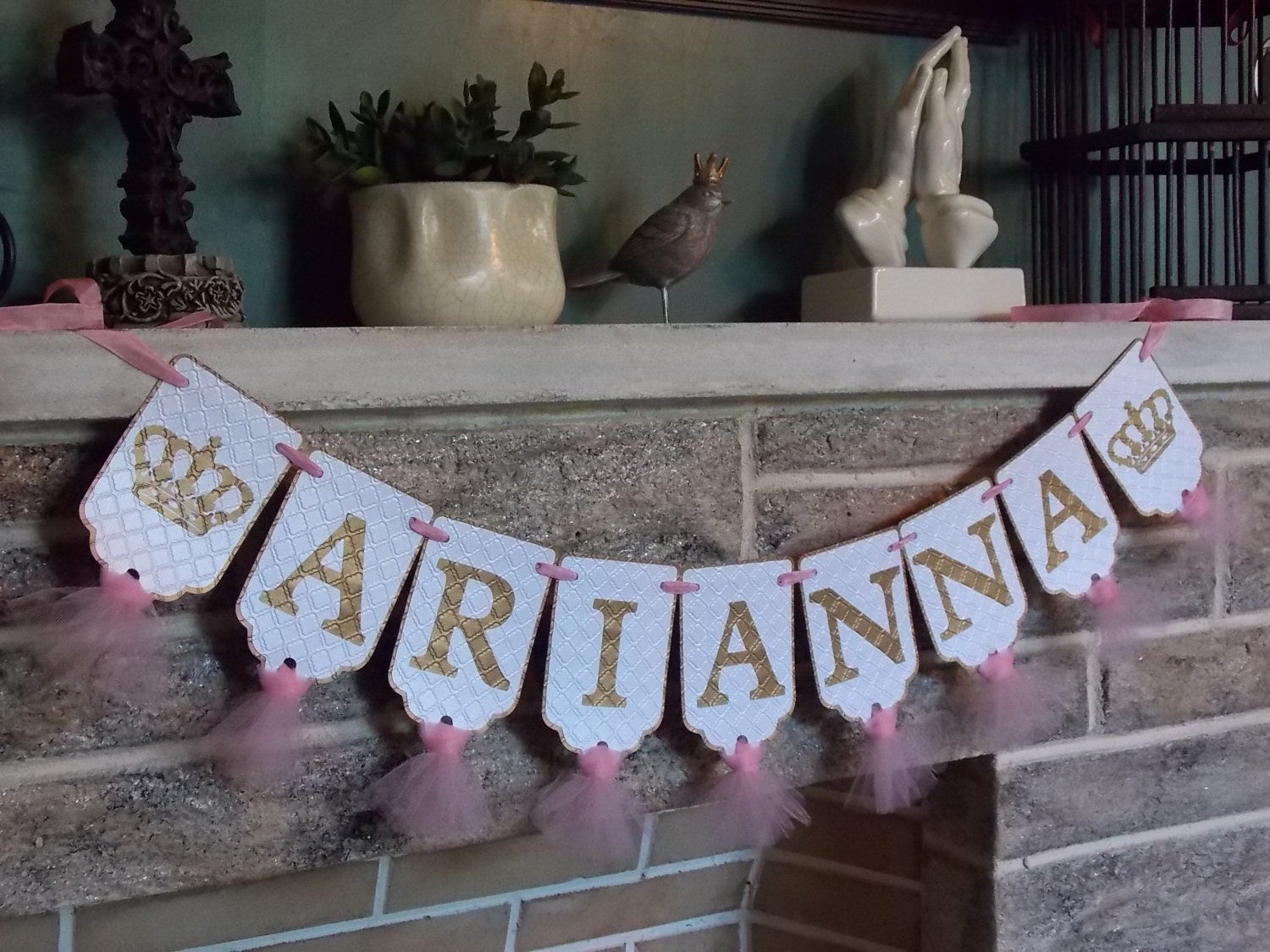 Girl's Custom Name Banner With Crowns White Pink and Gold | Etsy