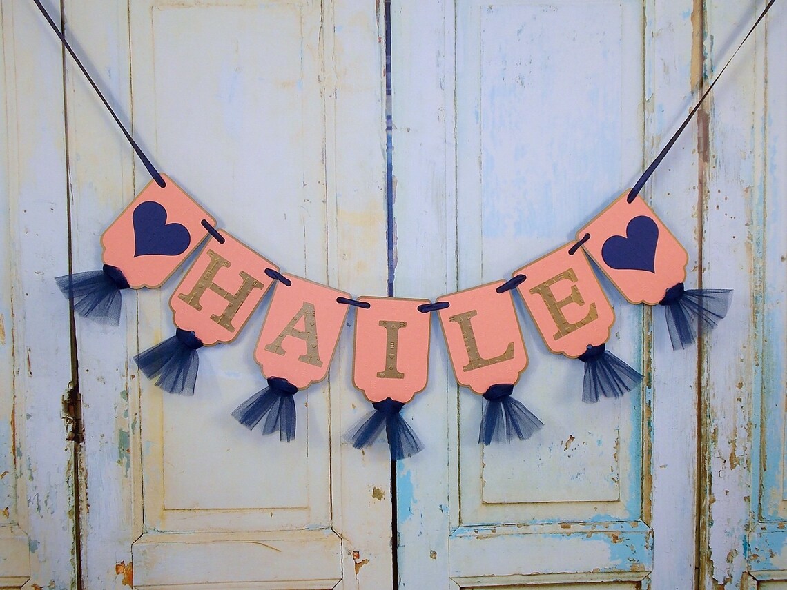 Girls Name Banner With Hearts Navy Coral and Gold Banner - Etsy