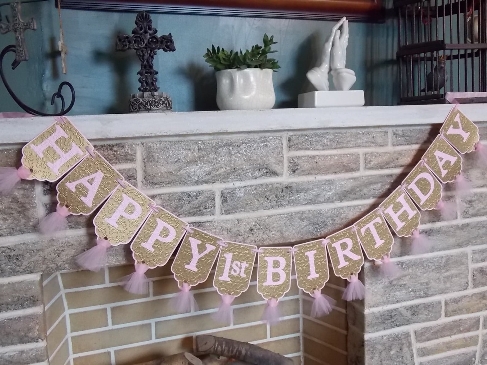 Happy 1st Birthday Banner Embossed Pink and Gold Banner With - Etsy