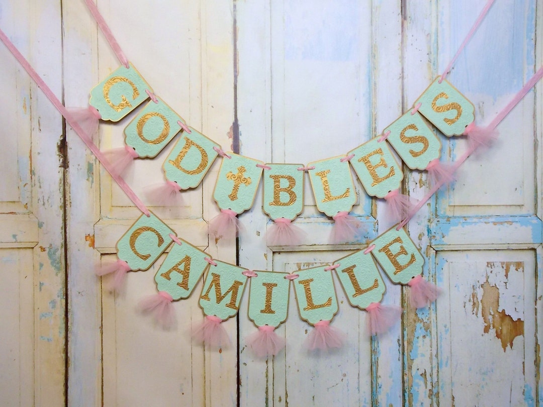 God Bless Banner With a Cross, Mint Pink and Gold Banner With Tulle ...