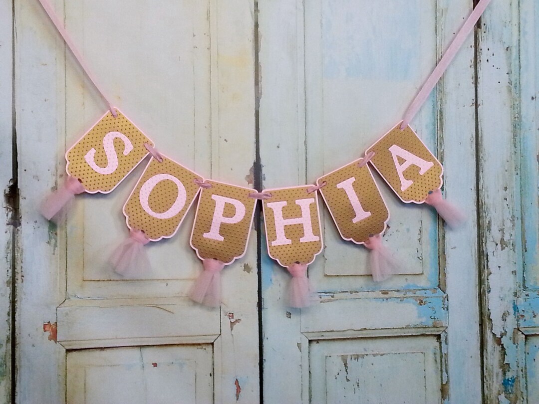 Custom Embossed Girl's Name Banner: Pink & Gold Tulle Birthday ...