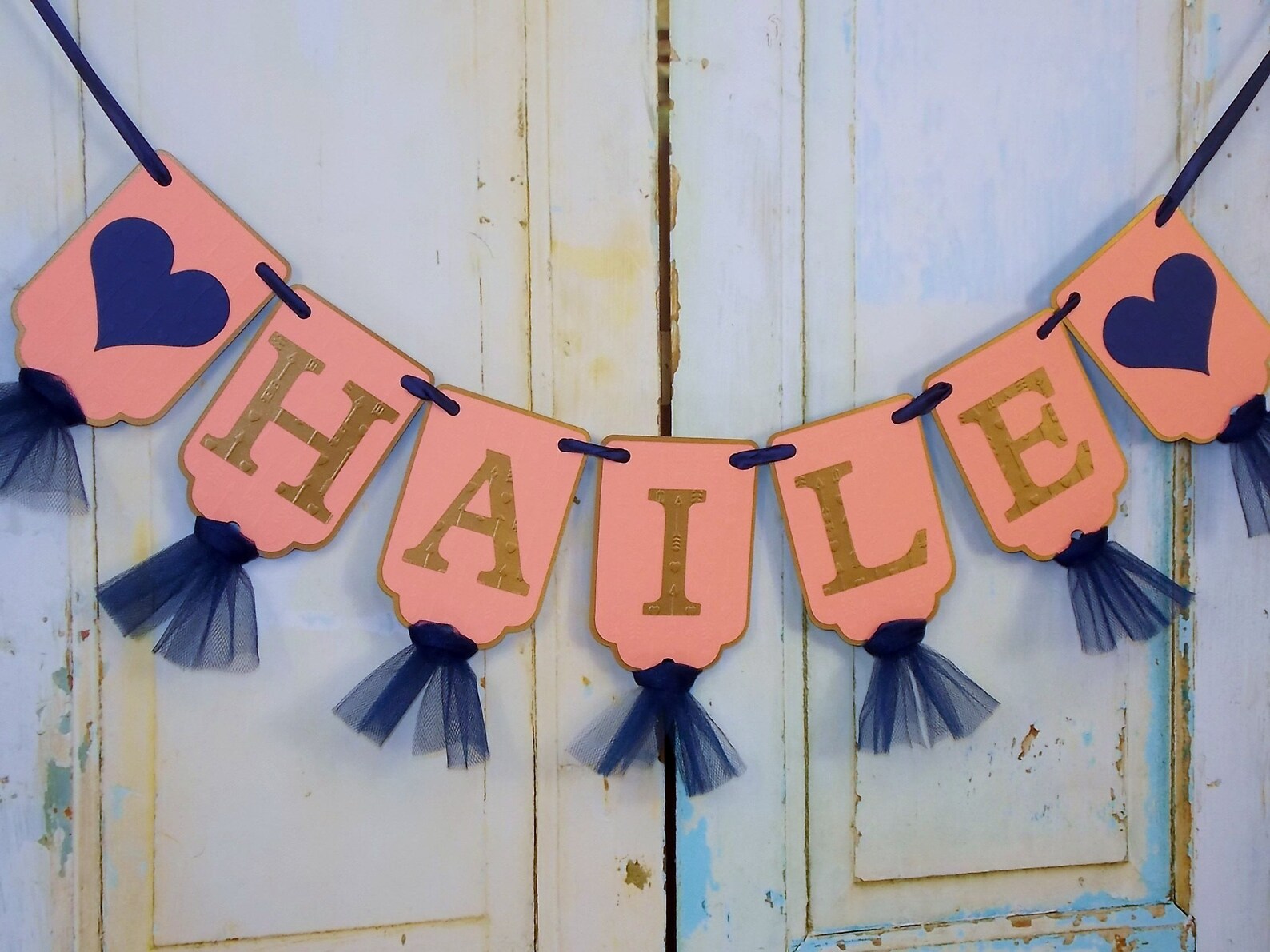 Girls Name Banner With Hearts Navy Coral and Gold Banner - Etsy