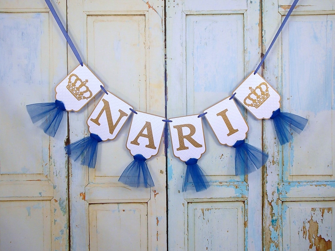Large Boys Name Banner With Crowns White Blue and Gold - Etsy