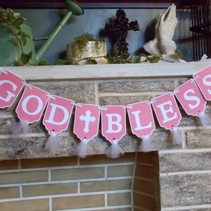 God Bless Banner in Pink and White, Christening Decor, Baptism Banner ...