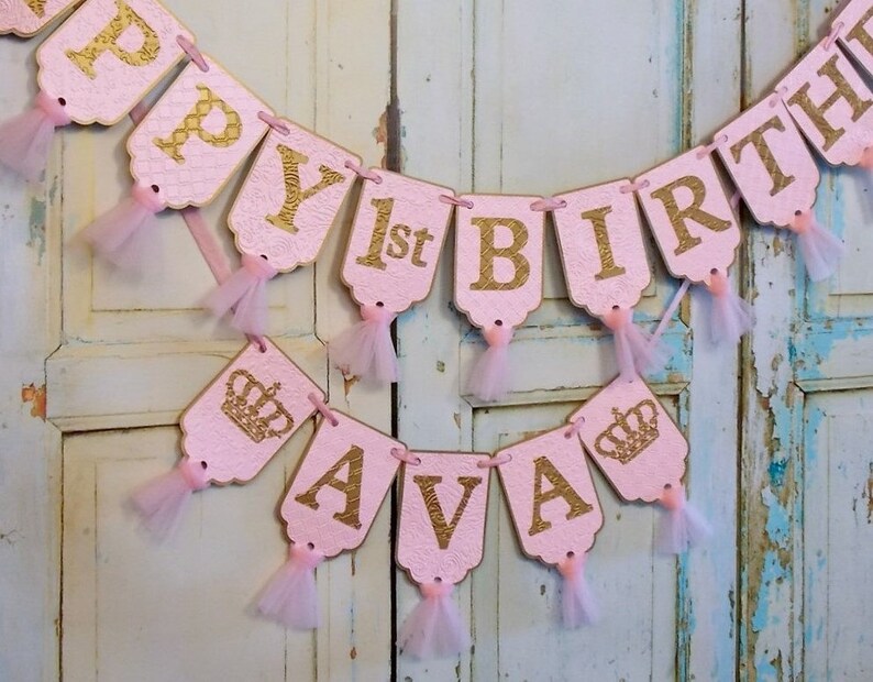 Happy 1st Birthday Banner Girls Name Banner With Crowns - Etsy