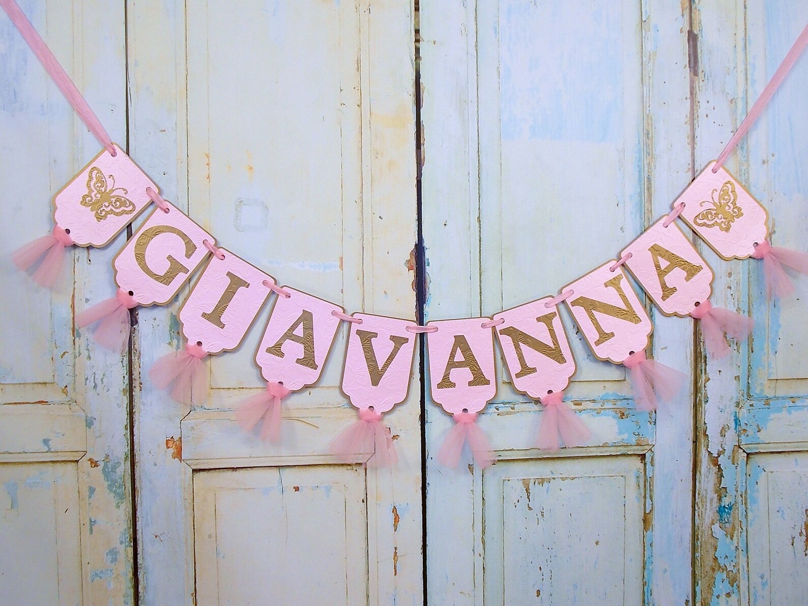 Girls Name Banner With Butterflies Pink and Gold Banner - Etsy