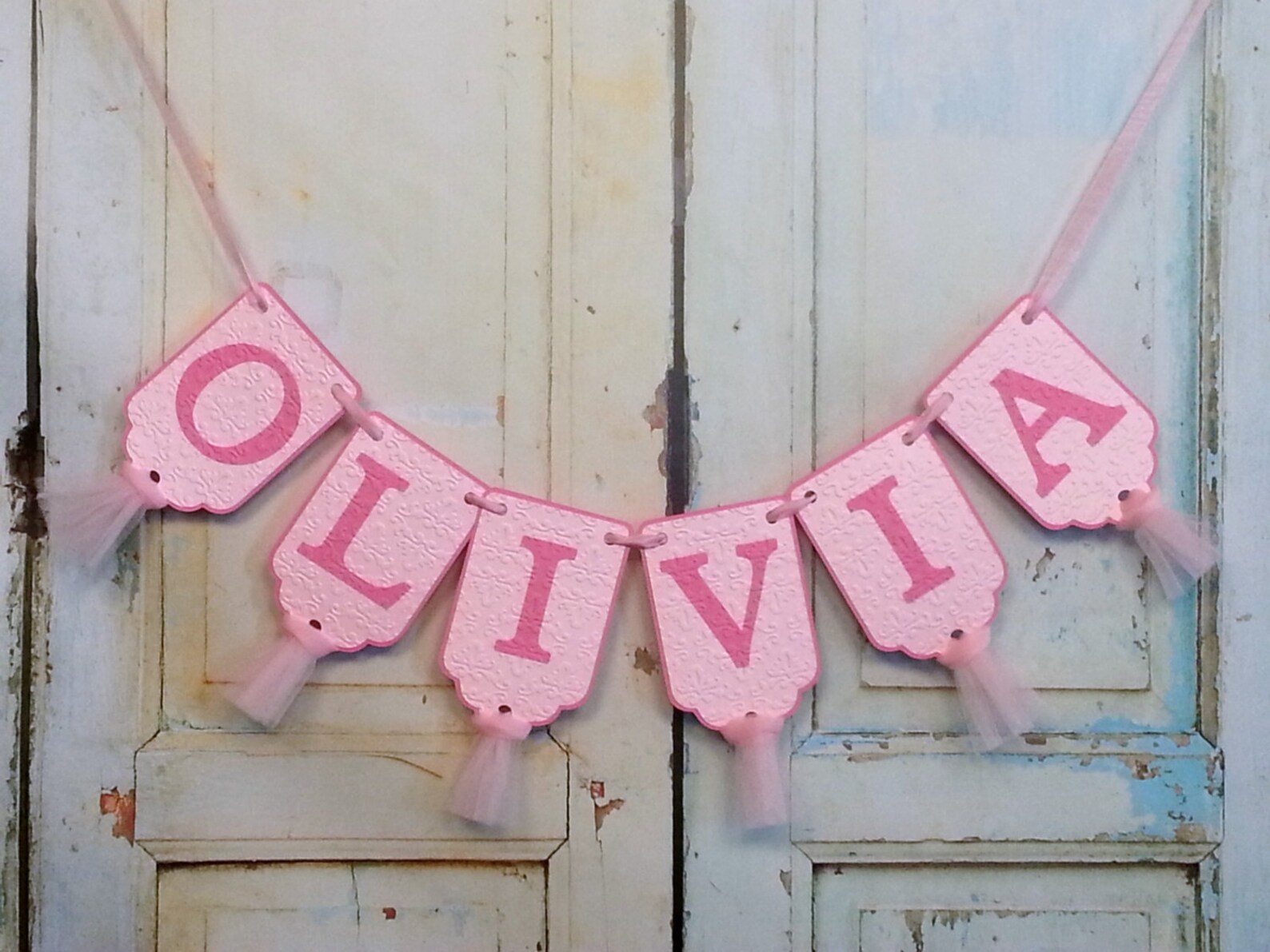 Custom Girl's Name Banner Embossed Pink Banner With Tulle - Etsy
