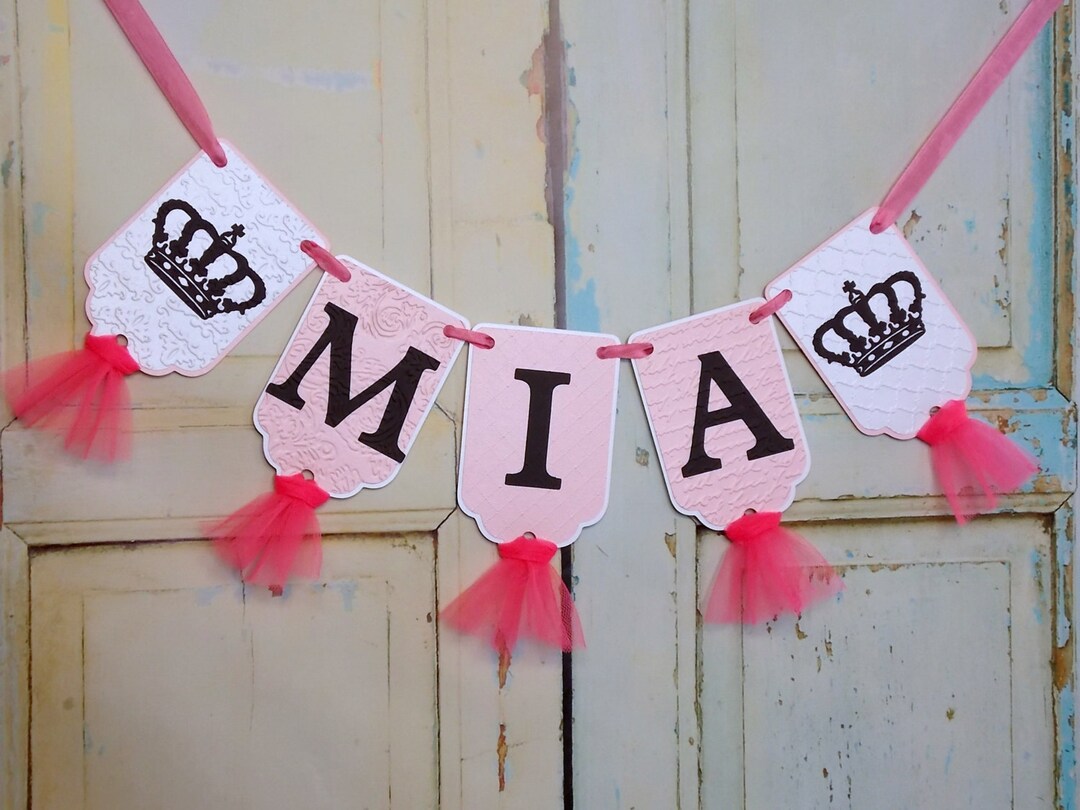 Custom Name Banner With Crowns, Embossed White Pink and Black Banner ...