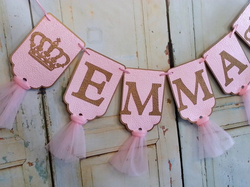 Girls Name Banner With Crowns Large Embossed Pink and Gold - Etsy