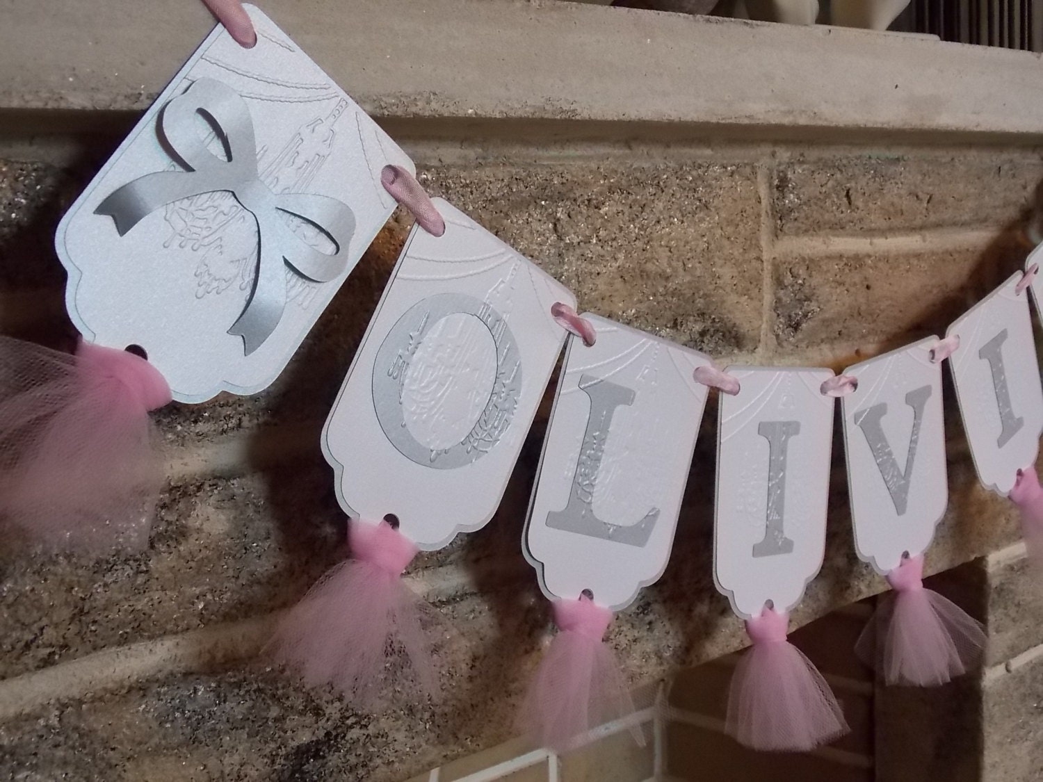 Girl's Name Banner With Bows, Embossed White, Pink and Silver Banner ...