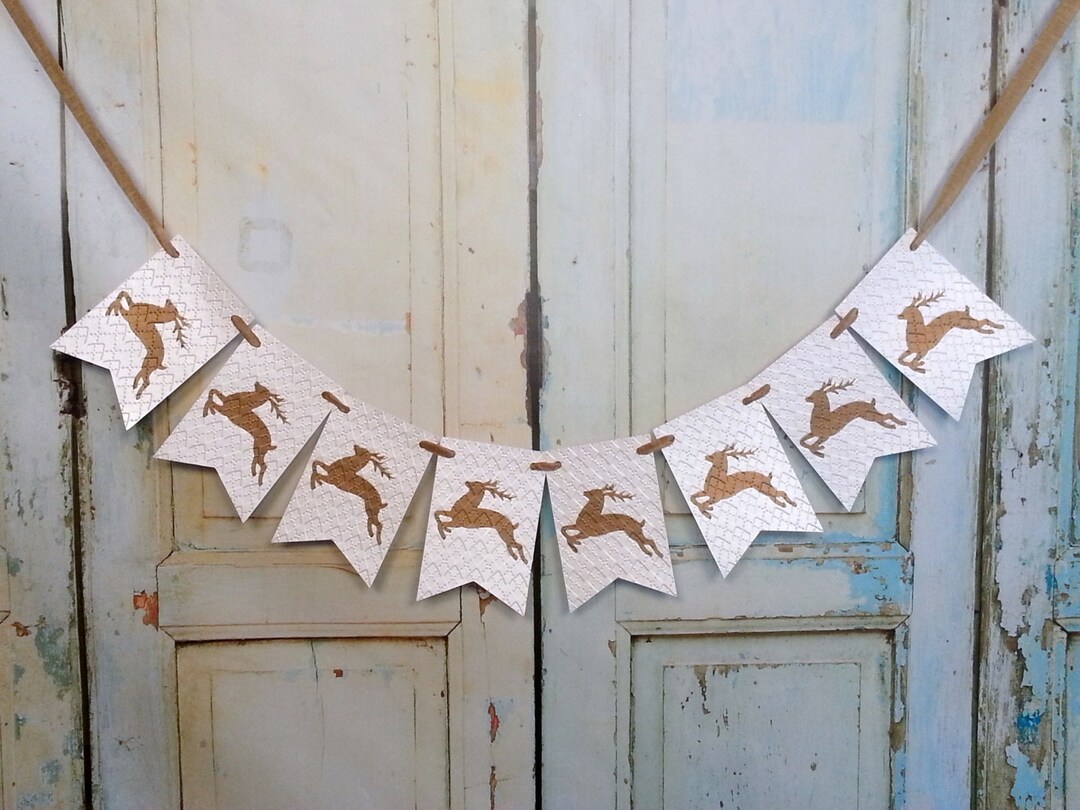 Reindeer Banner, Embossed Cream and Gold Banner, Christmas Decoration ...