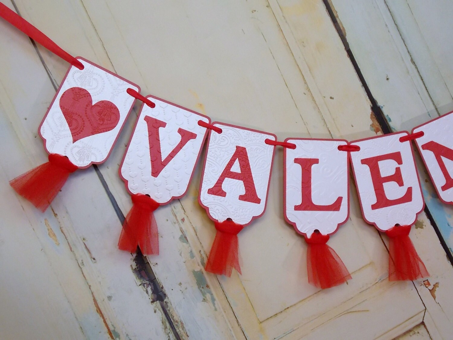 Valentine Banner With Hearts Heart Embossed Red and White - Etsy