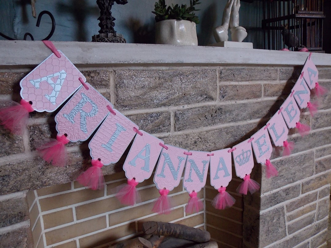 Girl's Name Banner, Pink and Silver Embossed Banner With Tulle ...