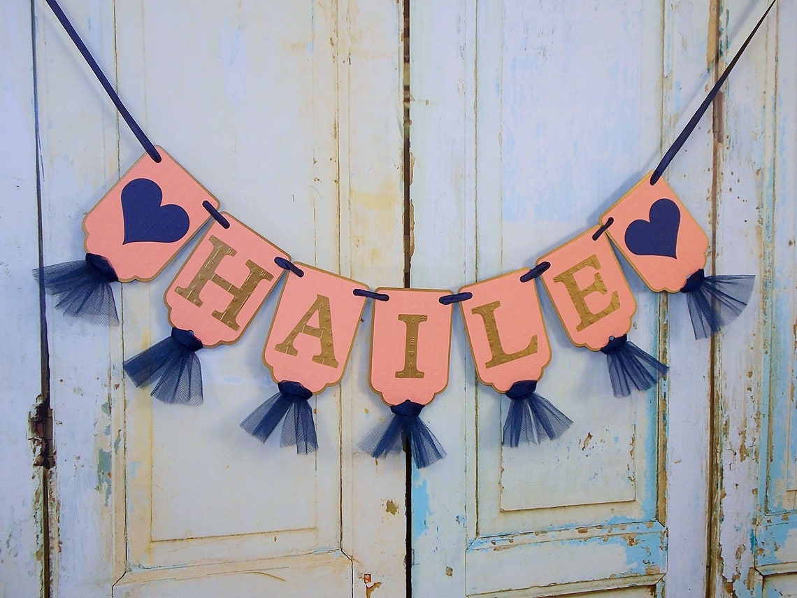 Girls Name Banner With Hearts Navy Coral and Gold Banner - Etsy