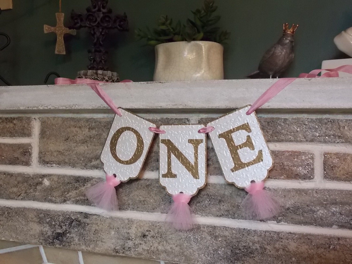 One Banner Embossed Cream Pink and Gold Banner with Tulle | Etsy