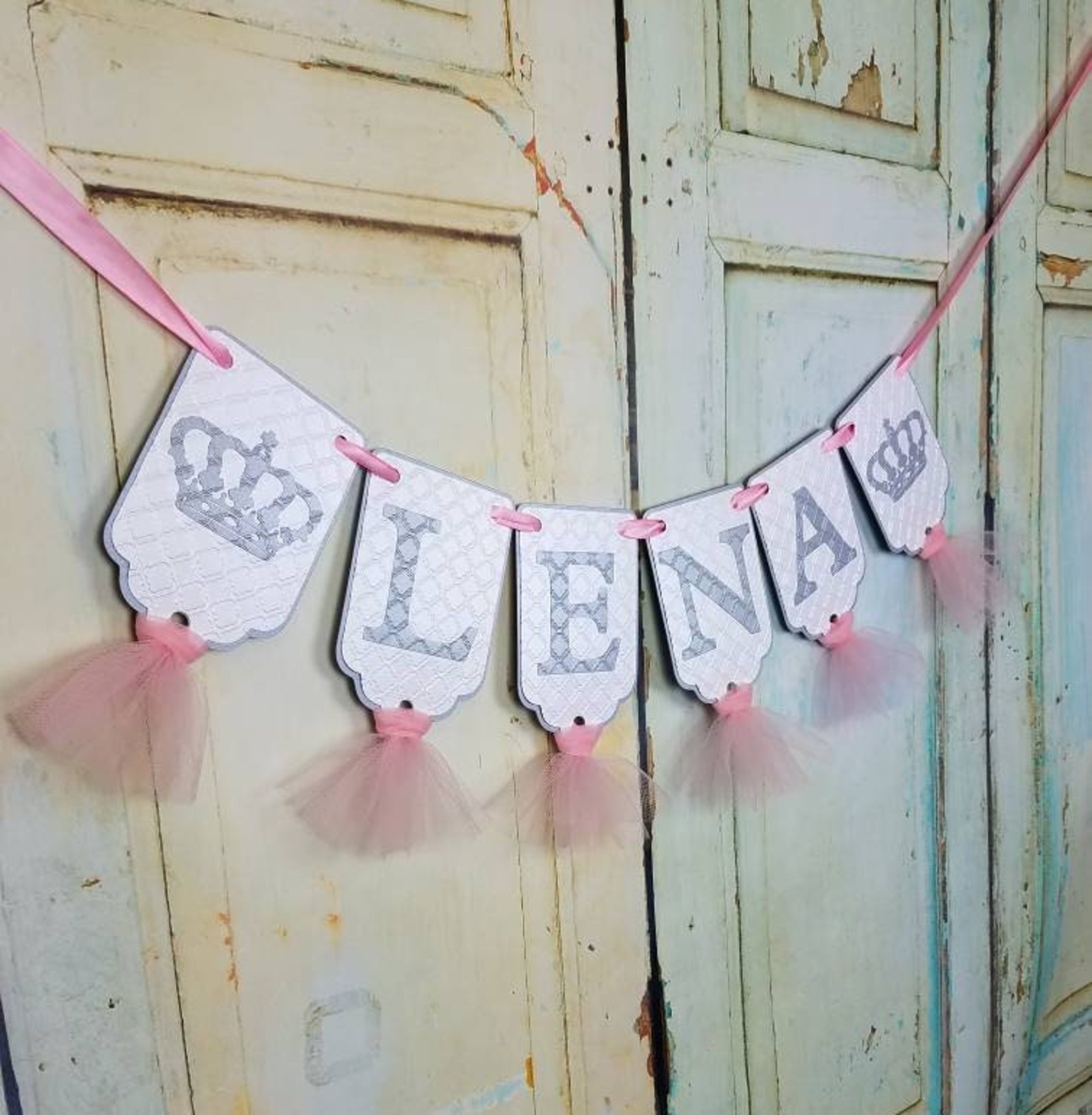 Girls Name Banner With Crowns, White Pink and Silver Banner With Tulle ...