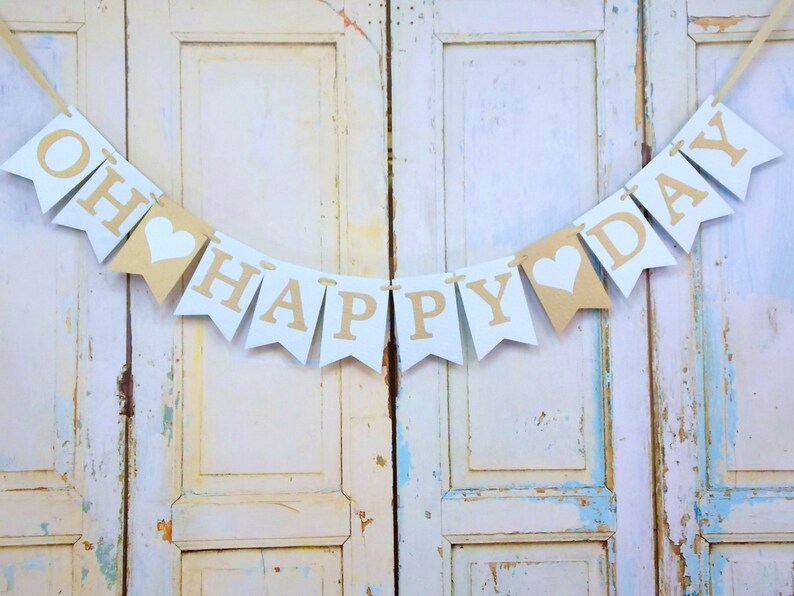 Oh Happy Day Banner With Hearts Pale Aqua and Gold Banner - Etsy