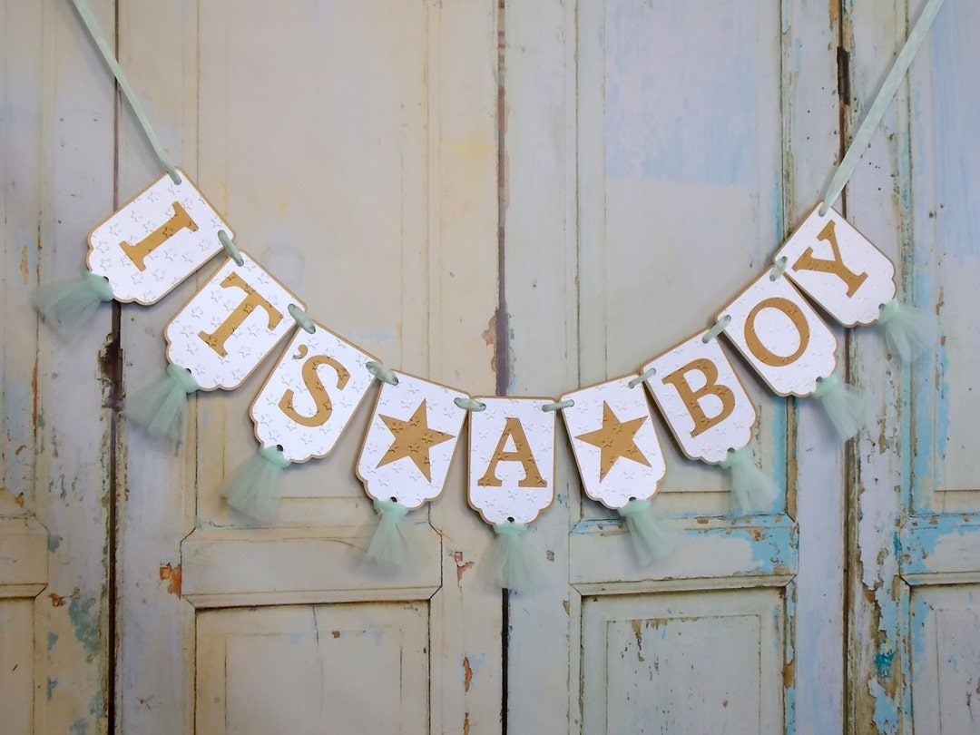 It's A Boy Banner With Stars, Cream Mint and Gold Banner With Tulle ...