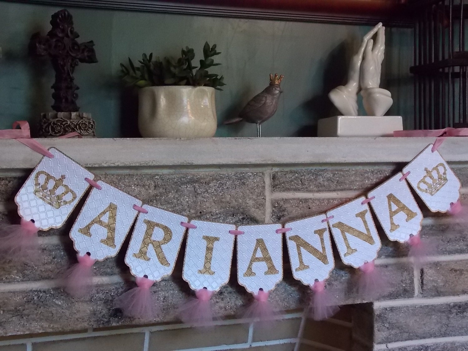 Girl's Custom Name Banner With Crowns White Pink and Gold | Etsy