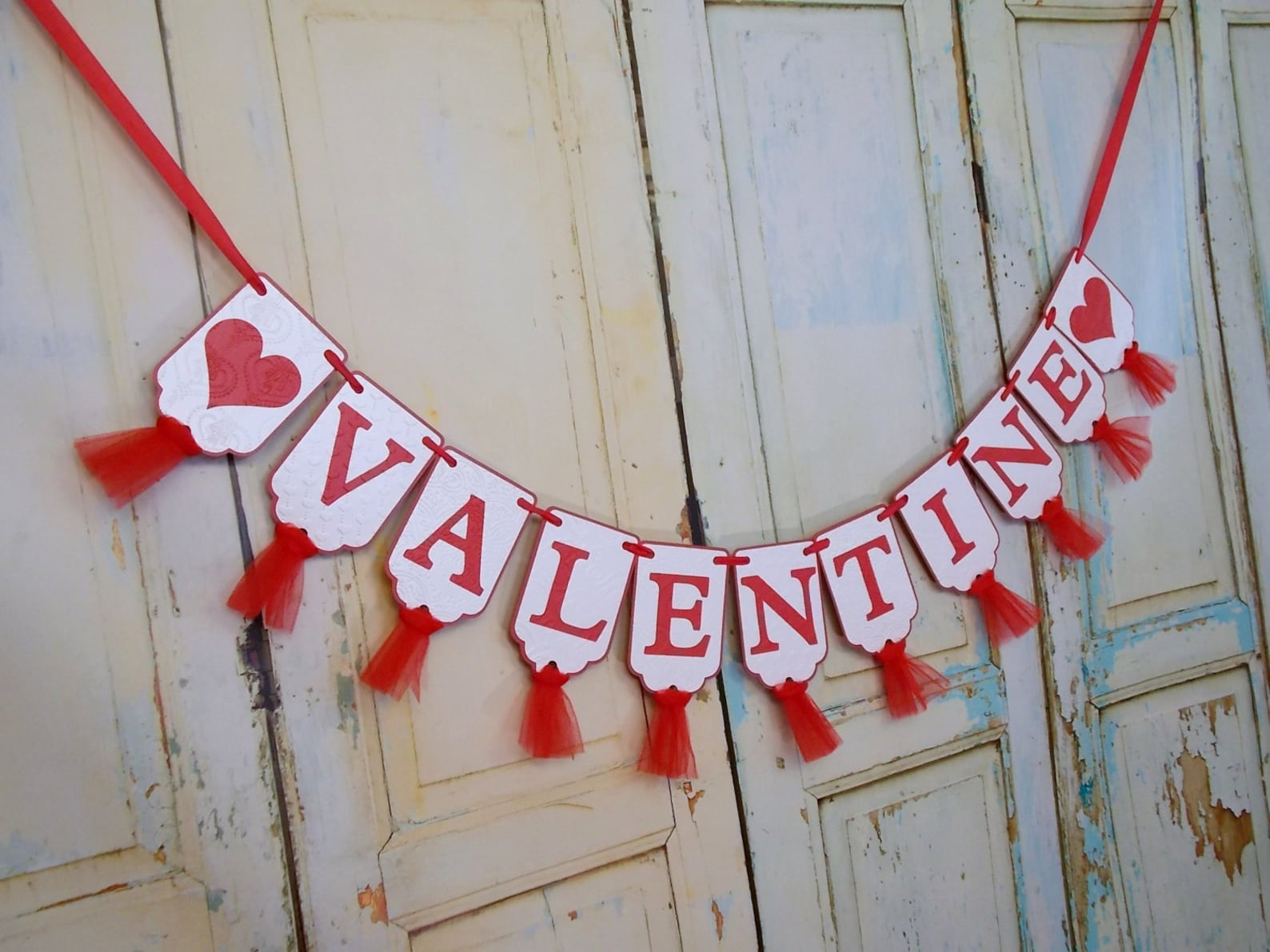 Valentine Banner With Hearts Heart Embossed Red and White - Etsy