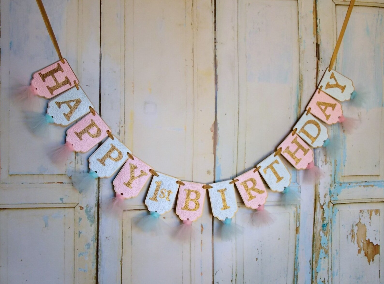 Happy 1st Birthday Banner Embossed Aqua Pink and Gold Banner - Etsy
