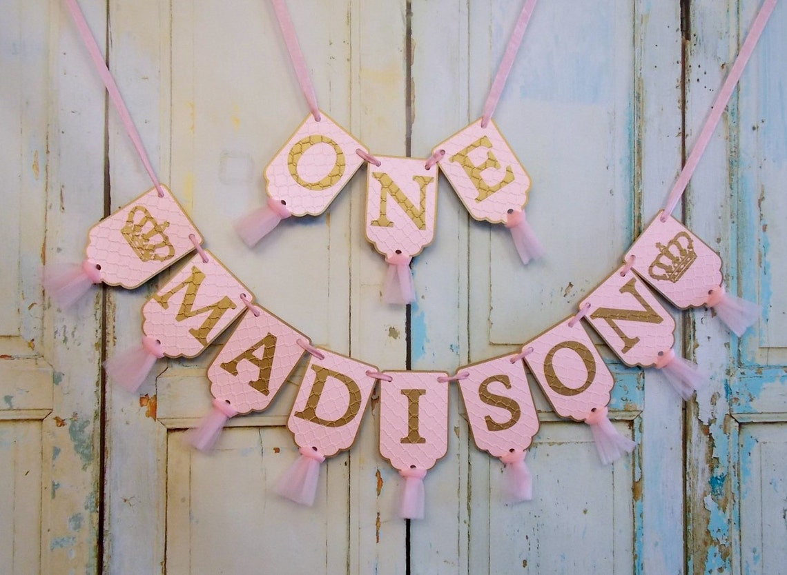 Girls Name Banner With Crowns Embossed Pink and Gold Banner | Etsy