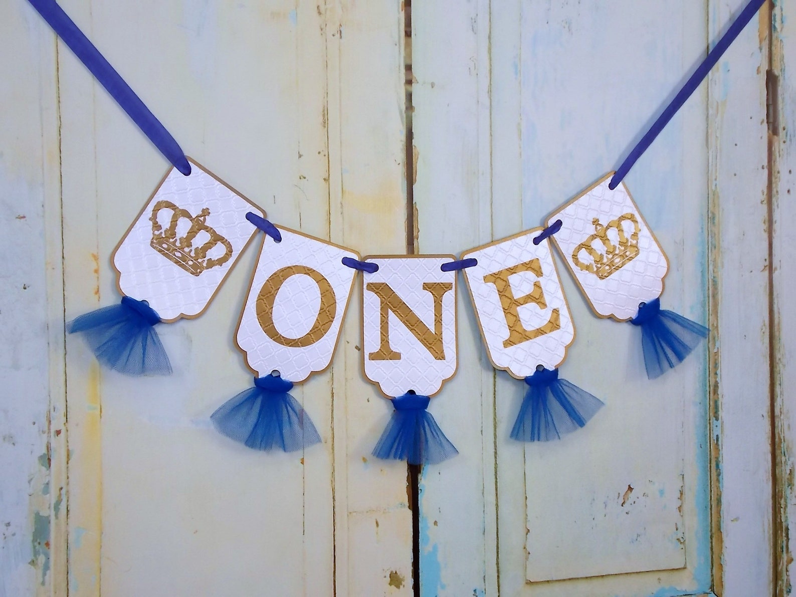 One Banner With Crowns White Royal Blue and Gold Banner With - Etsy