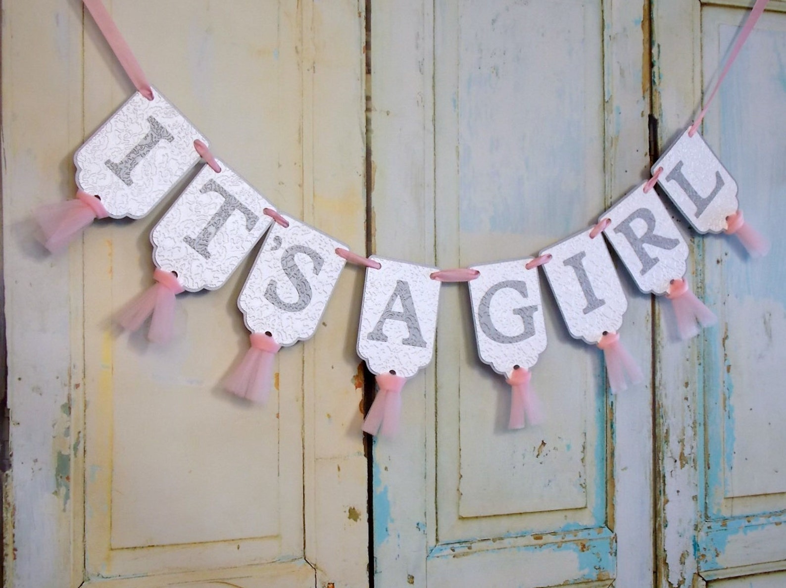 It's A Girl Banner Embossed White Pink and Gray Banner | Etsy