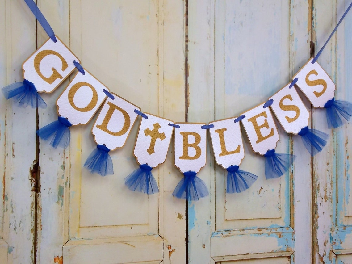 God Bless Banner White Blue and Gold Baptism Decoration - Etsy