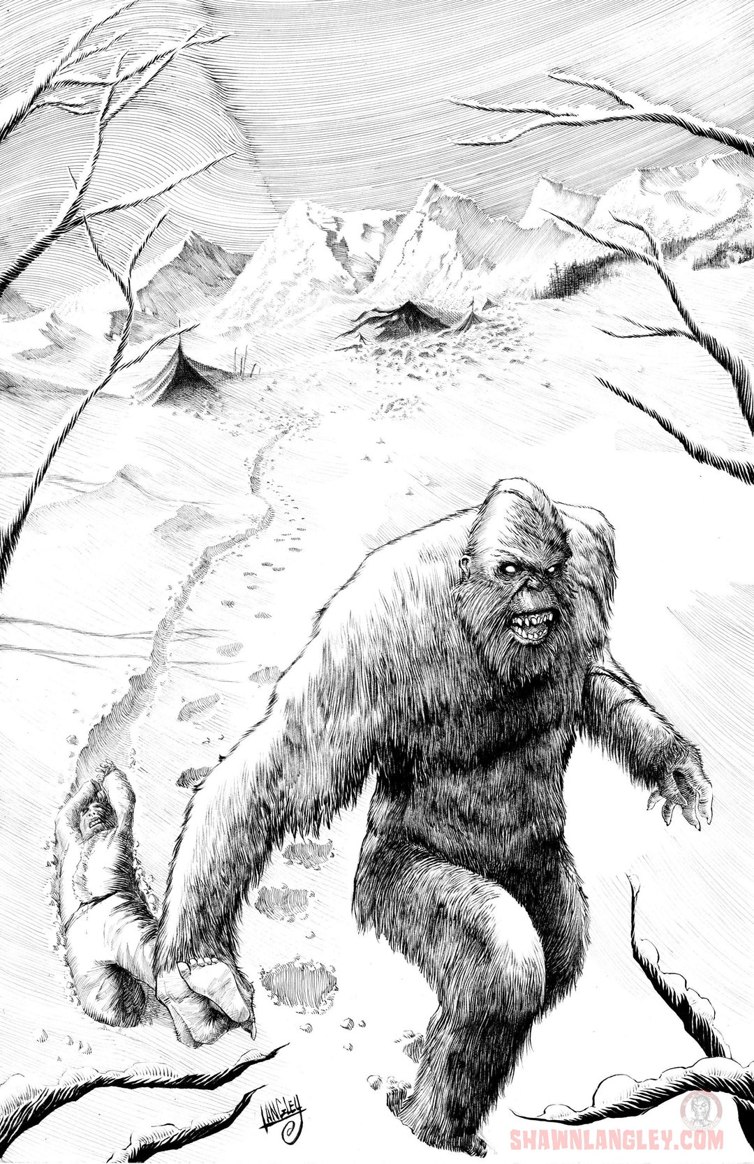 Le Yéti signé 11 x 17" Art cryptide horreur, affiche de dessin ...