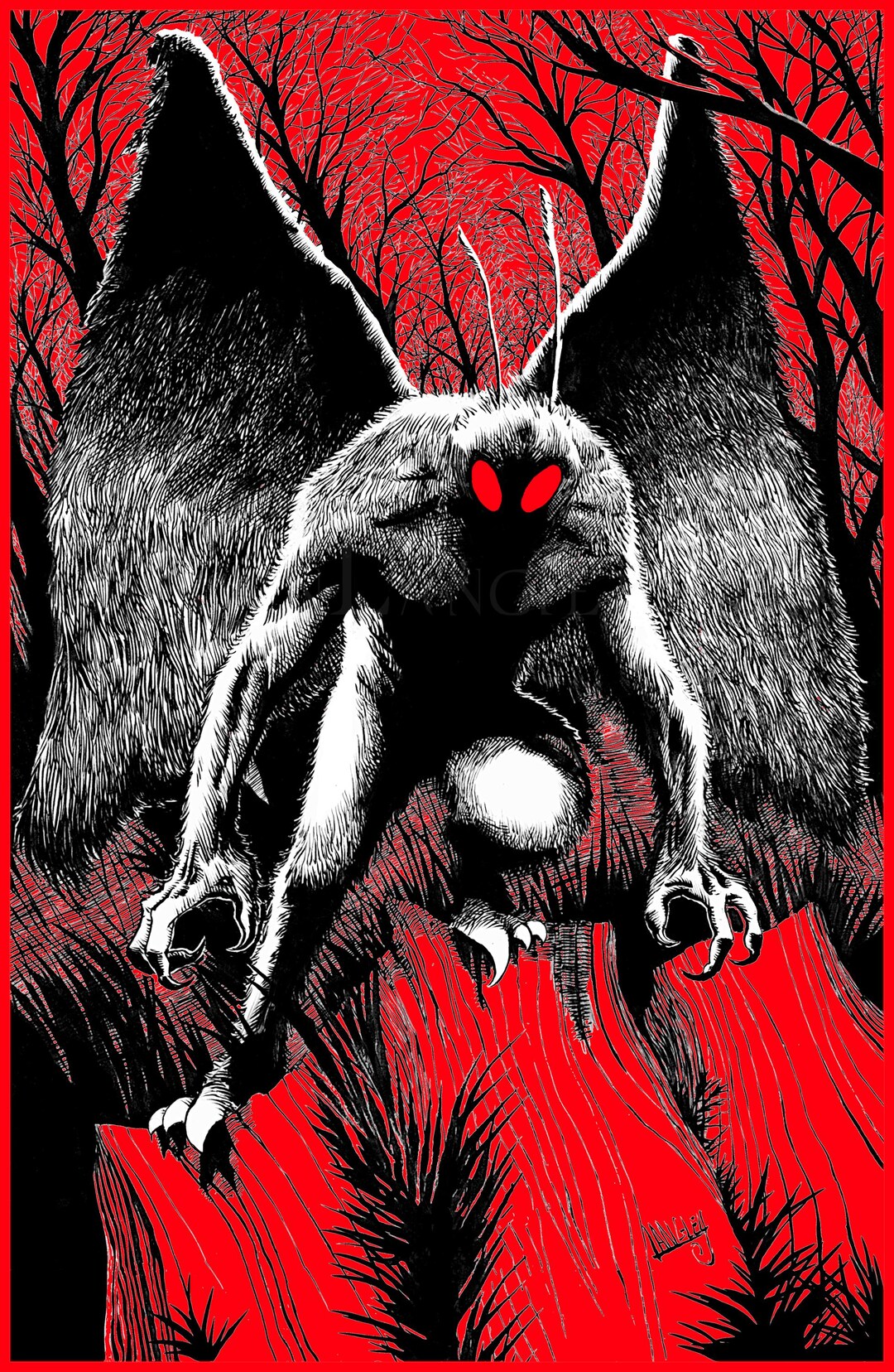 LIMITED EDITION Mothman Red Holographic Prism Print, 11x17 SIGNED W/ Certificate of Authenticity ...