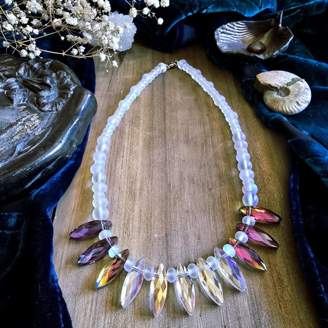 Moonlit Tides • Shimmering Iridescent Sea Glass Beaded Necklace With ...