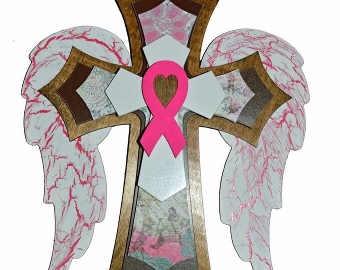 Breast Cancer Cross With Angel Wings Decorative Wall Crosses - Etsy